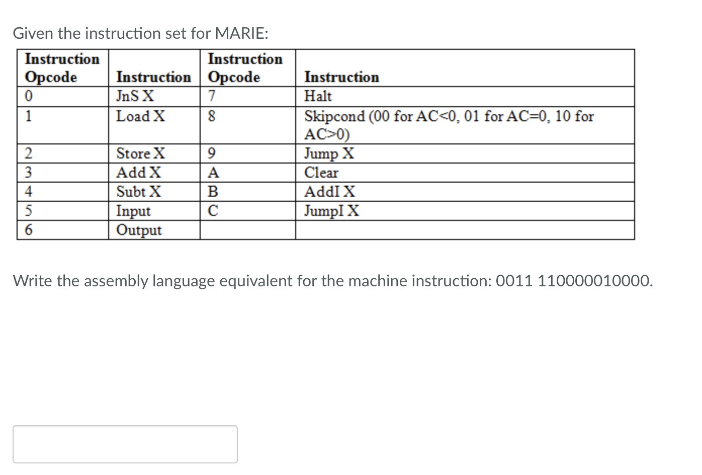 Solved Given the instruction set for MARIE: Write the | Chegg.com