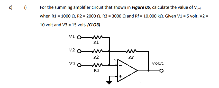 Solved c) ﻿i) ﻿For the summing amplifier circuit that shown | Chegg.com