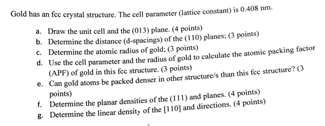 Solved Gold has an fcc crystal structure. The cell parameter | Chegg.com