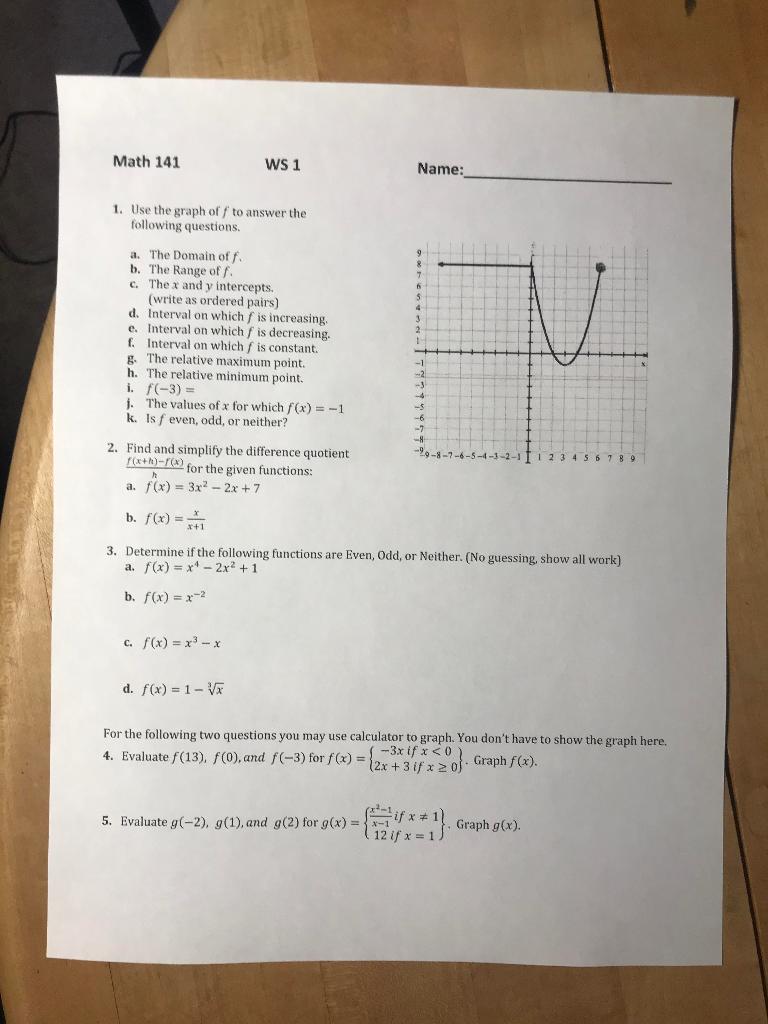 Solved Math 141 WS 1 Name: 1. Use the graph off to answer | Chegg.com