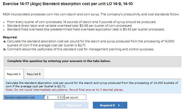 Solved Exercise 14-17 (Algo) Standard absorption cost per | Chegg.com