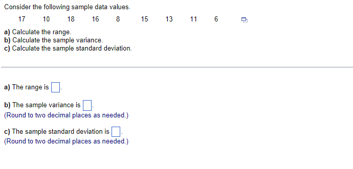 Solved 15 13 116 Consider the following sample data values. | Chegg.com