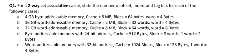 Solved Q1. For a 2-way set associative cache, state the | Chegg.com
