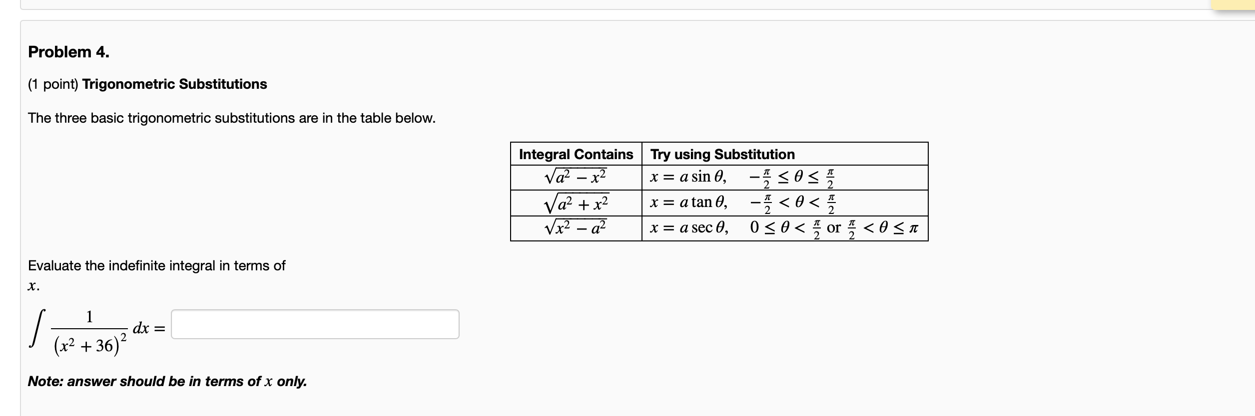 Solved Problem 4 1 Point Trigonometric Substitutions The Chegg