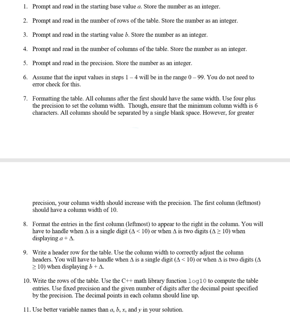 Solved Write a program logTable.cpp that displays a table of | Chegg.com