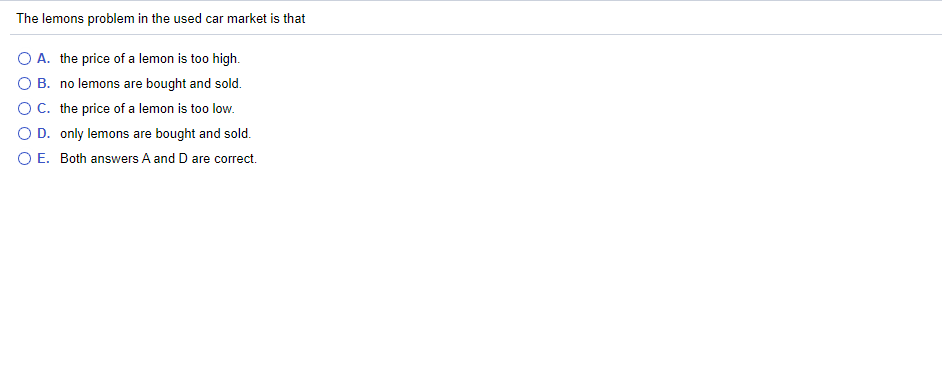 Solved The lemons problem in the used car market is that O | Chegg.com