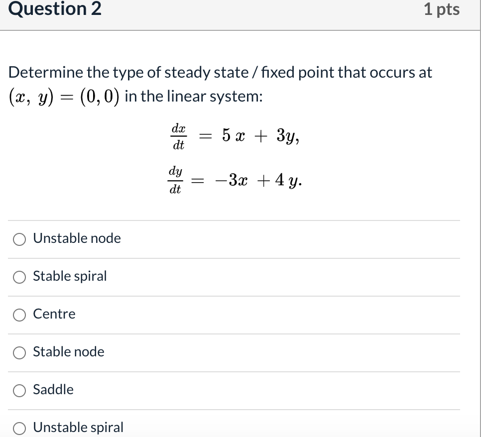 Solved Question 2 1 pts Determine the type of steady state / | Chegg.com