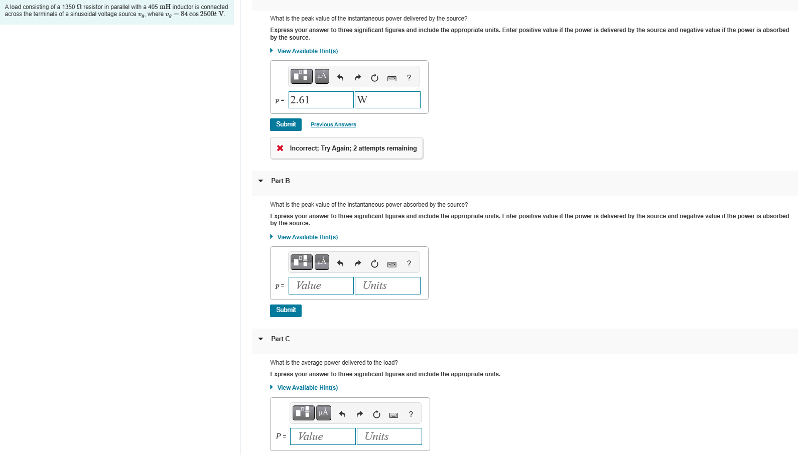 Solved A load consisting of a \( 1350 \Omega \) ﻿resistor in | Chegg.com