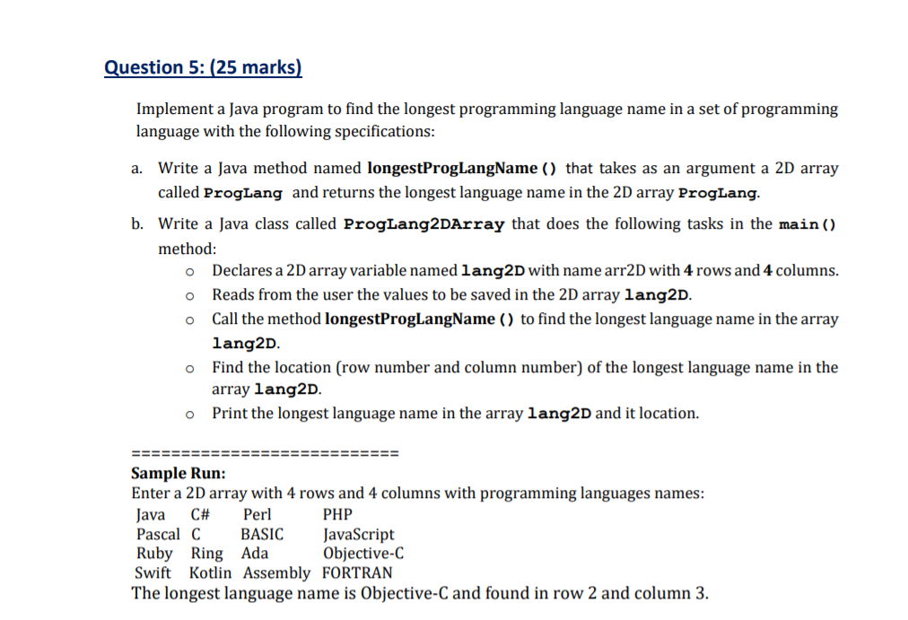Solved Question 5: (25 marks) Implement a Java program to | Chegg.com Solved Question 5: (25 marks) Implement a Java program to | Chegg.com
