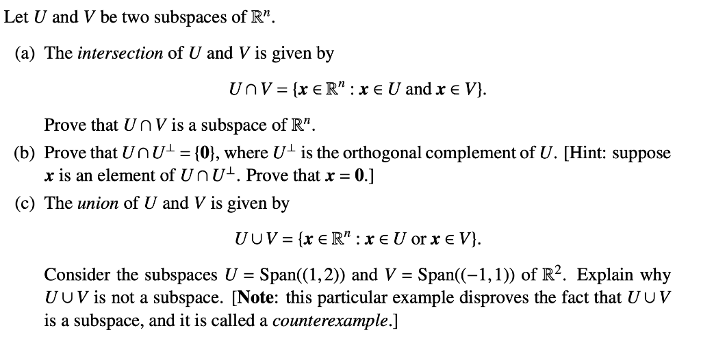 Solved Let U and V be two subspaces of R" (a) The | Chegg.com