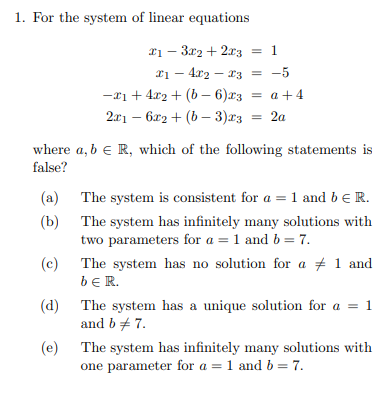 Solved 1. For the system of linear equations 21 - 3.02 + 2x3 | Chegg.com