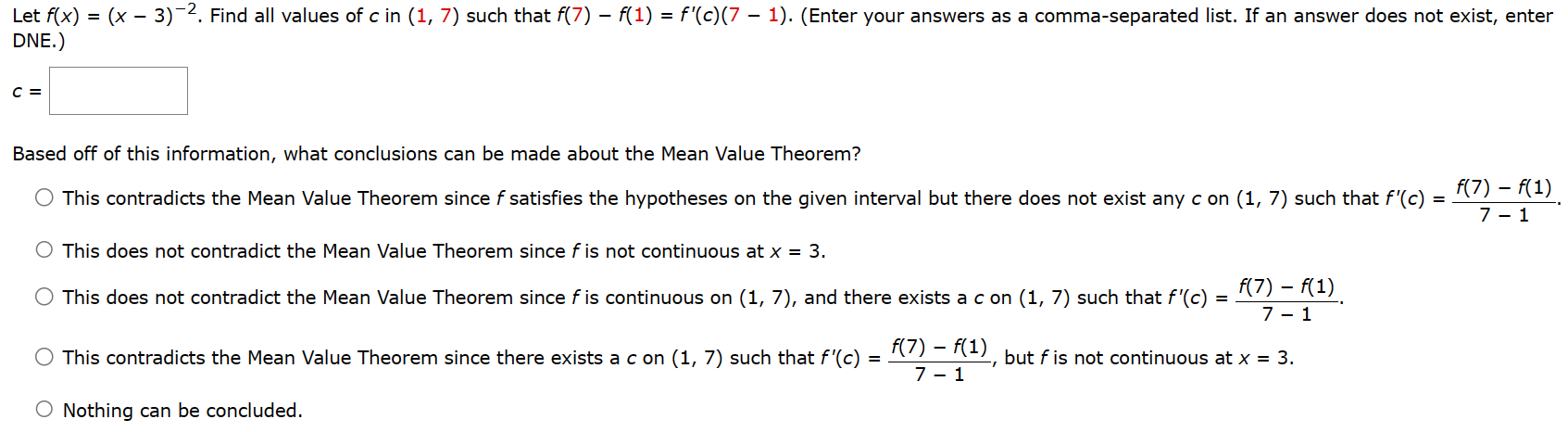 Solved et f(x)=(x−3)−2. Find all values of c in (1,7) such | Chegg.com