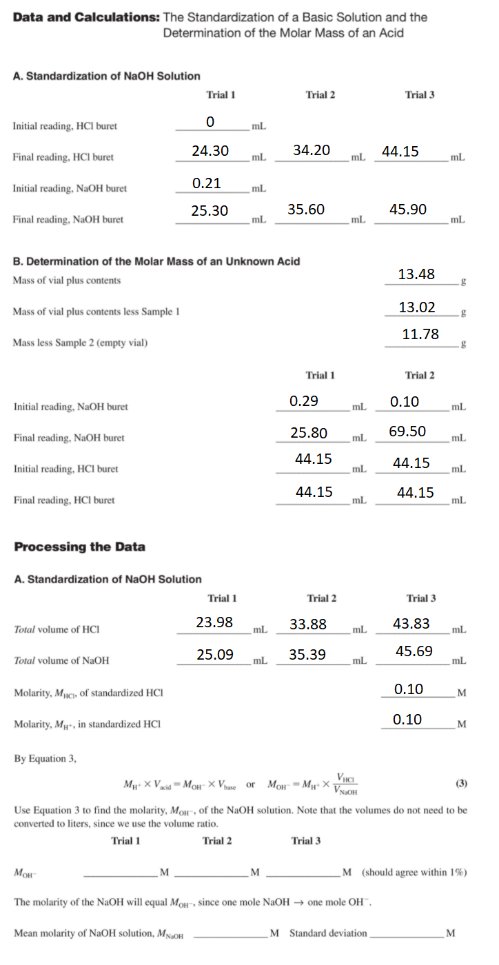 Solved Data and Calculations: The Standardization of a Basic | Chegg.com