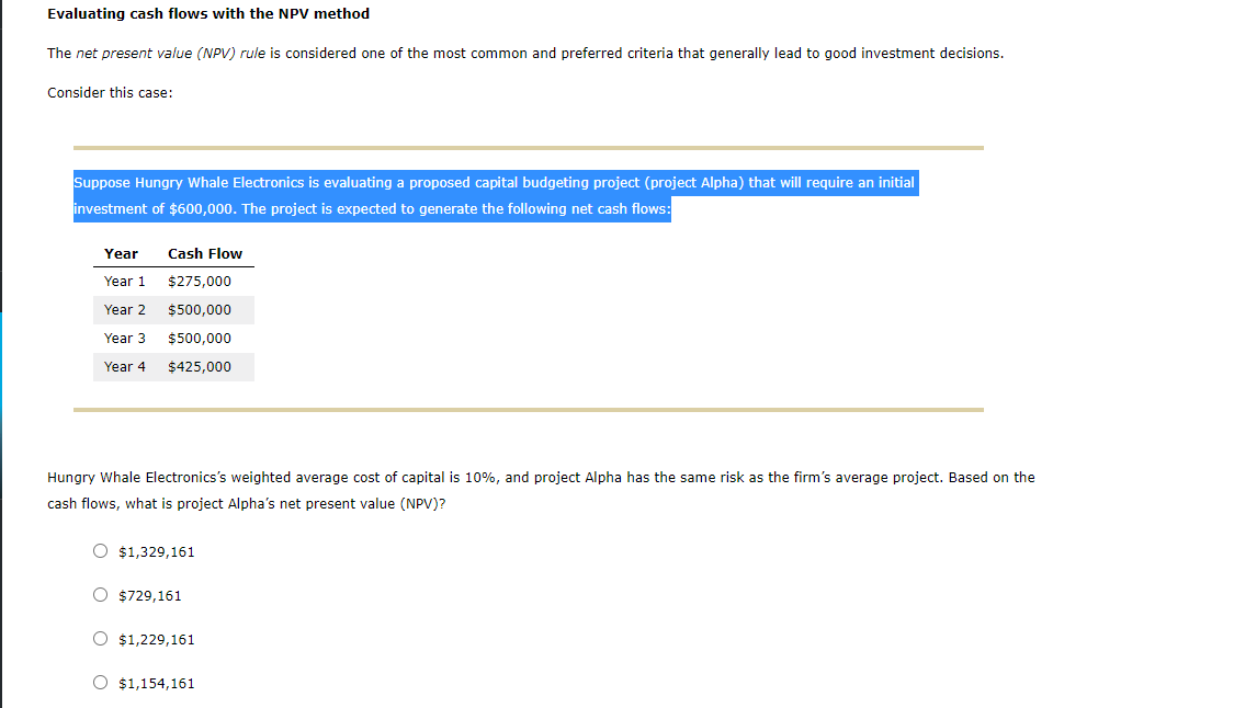 Solved Evaluating cash flows with the NPV method The net | Chegg.com