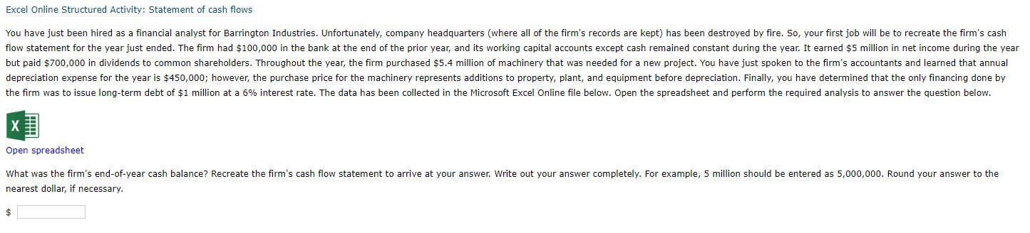 Solved Excel Online Structured Activity: Statement of cash | Chegg.com