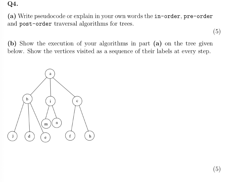 Solved Q4. (a) Write pseudocode and post-order traversal | Chegg.com