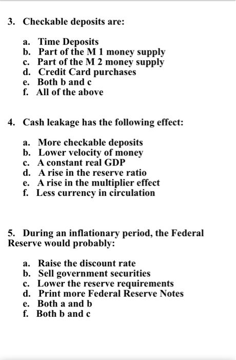 Solved 3. Checkable deposits are: a. Time Deposits b. Part | Chegg.com