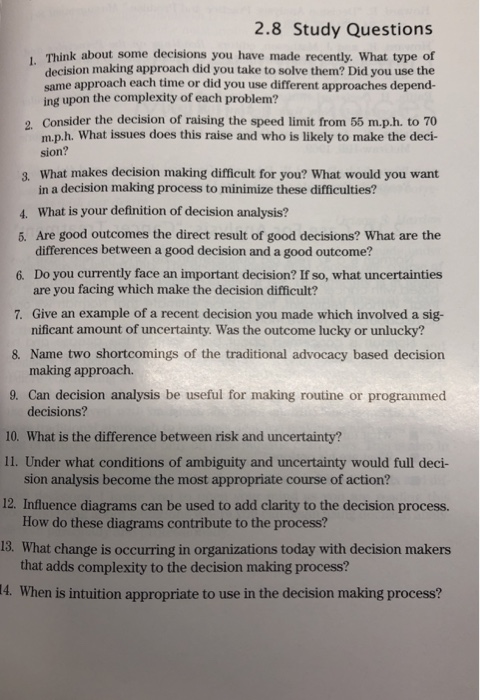 Solved 2.8 Study Questions L Think about some decisions you | Chegg.com