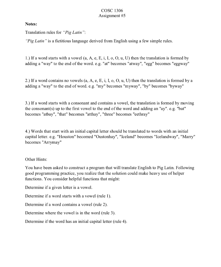 COSC 1306 Assignment #5 Objective: Practice using | Chegg.com