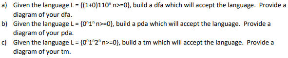 Solved a) Given the language L = {(1+0)110" n>=0}, build a | Chegg.com