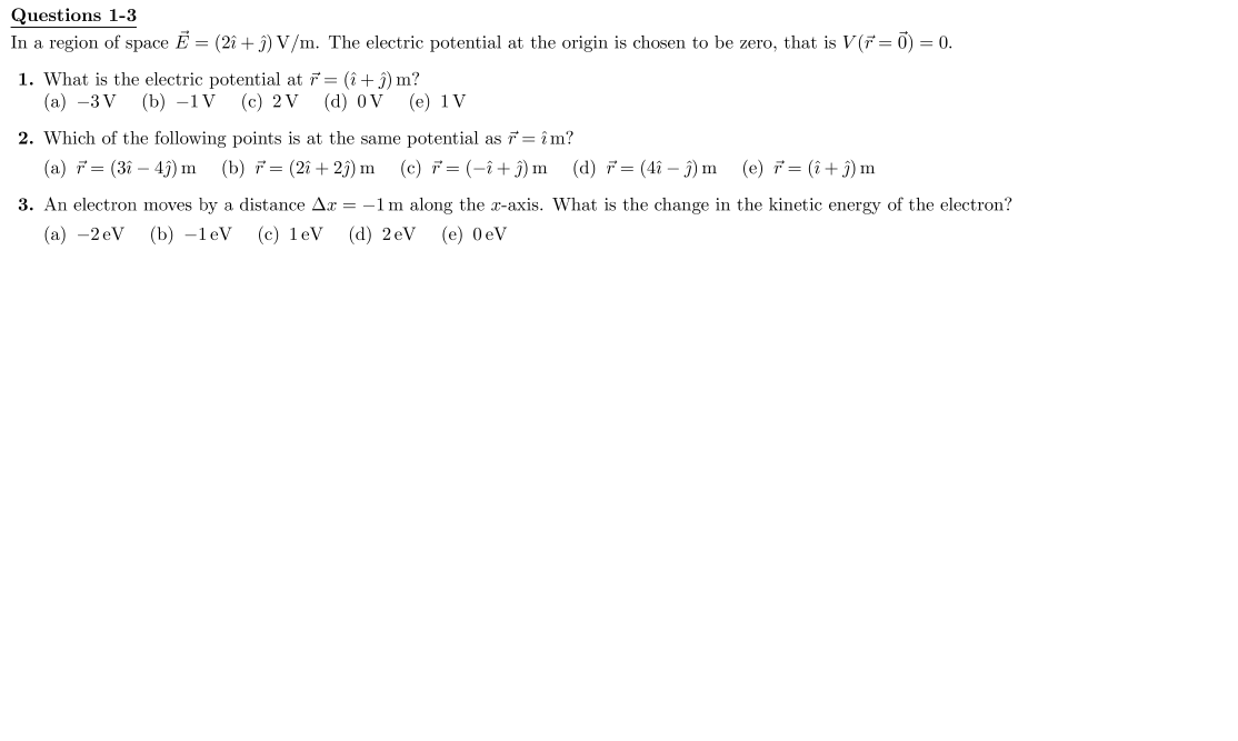 Solved Questions 1-3 In a region of space E=(2 ^+ ^)V/m. The | Chegg.com