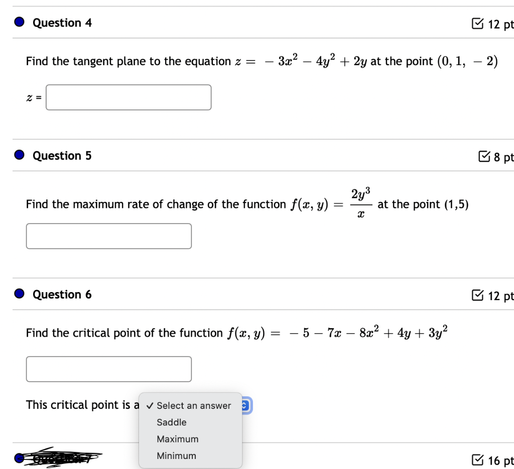 Solved Find the tangent plane to the equation z=−3x2−4y2+2y | Chegg.com