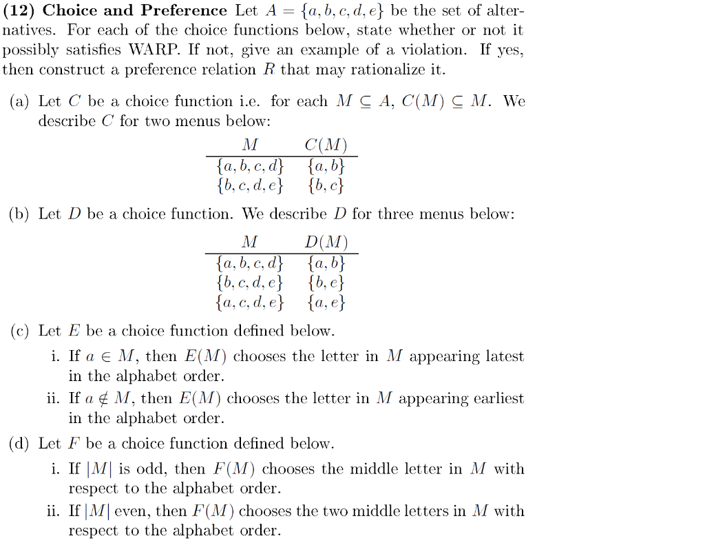 (12) Choice and Preference Let A = {a,b,c, d, e} be | Chegg.com