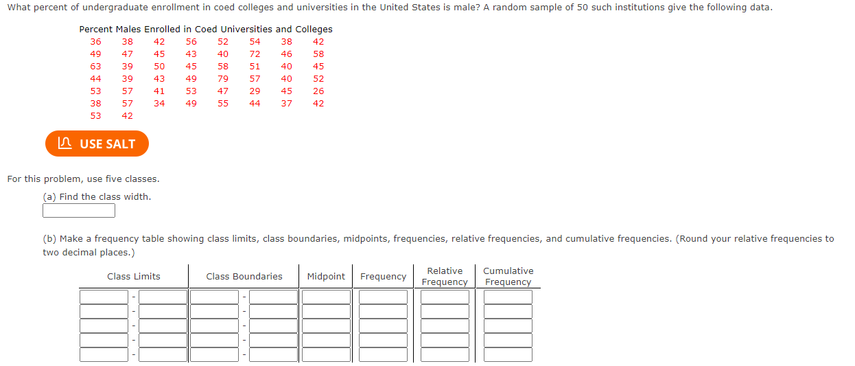 Solved For this problem, use five classes. (a) Find the | Chegg.com