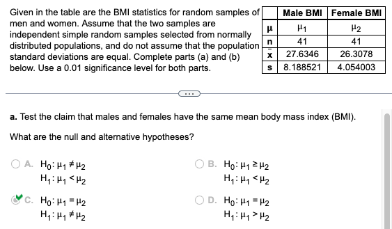 Solved Given in the table are the BMI statistics for random | Chegg.com