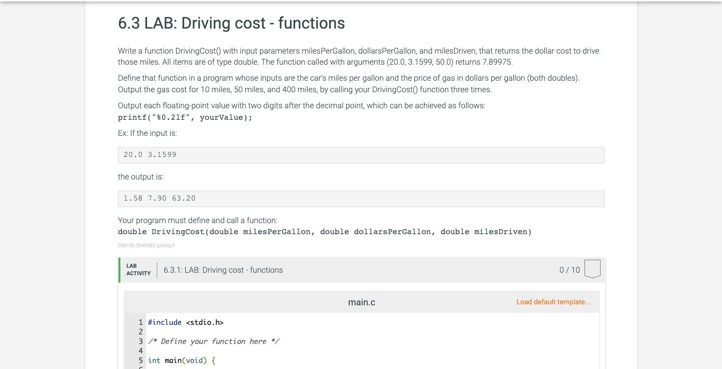 Solved 63 Lab Driving Cost Functions Write A Function 