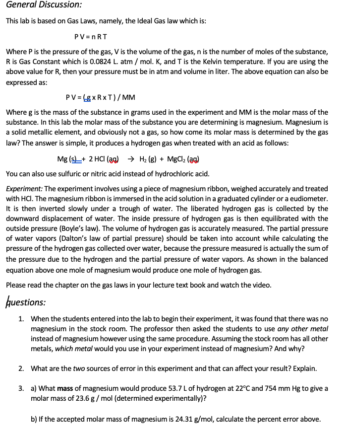 Solved General Discussion: This lab is based on Gas Laws, | Chegg.com