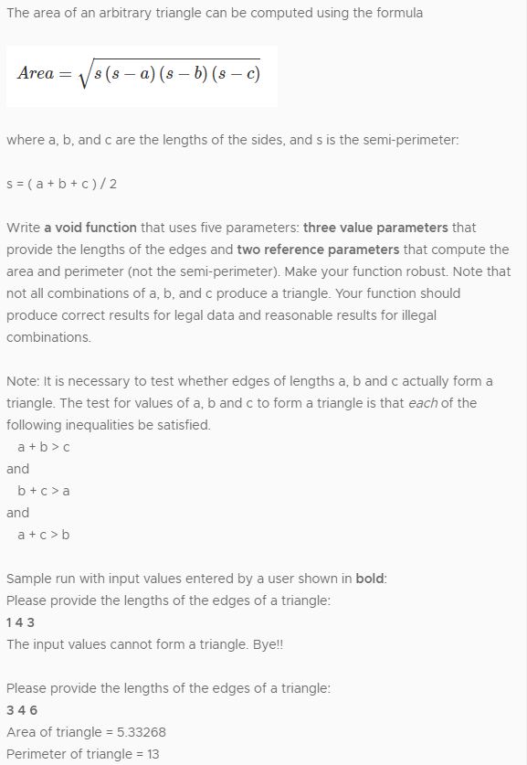Solved The area of an arbitrary triangle can be computed | Chegg.com