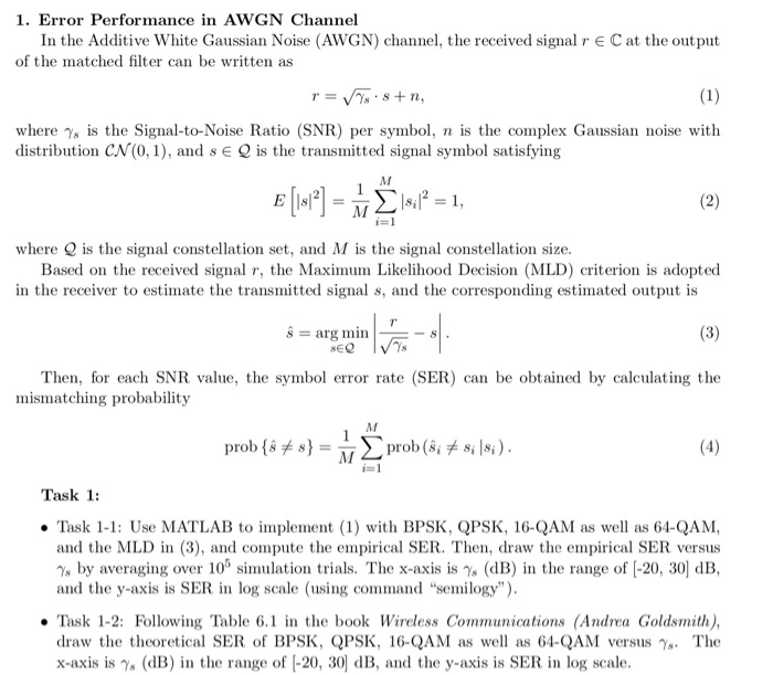 1. Error Performance in AWGN Channel In the Additive | Chegg.com