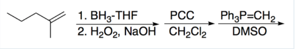 Solved 1. BH3-THE PCC 2. H2O2, NaOH CH2Cl2 Ph3P=CH2 DMSO | Chegg.com