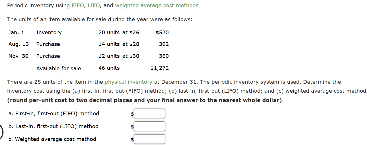 Solved Periodic inventory using FIFO, LIFO, and weighted | Chegg.com