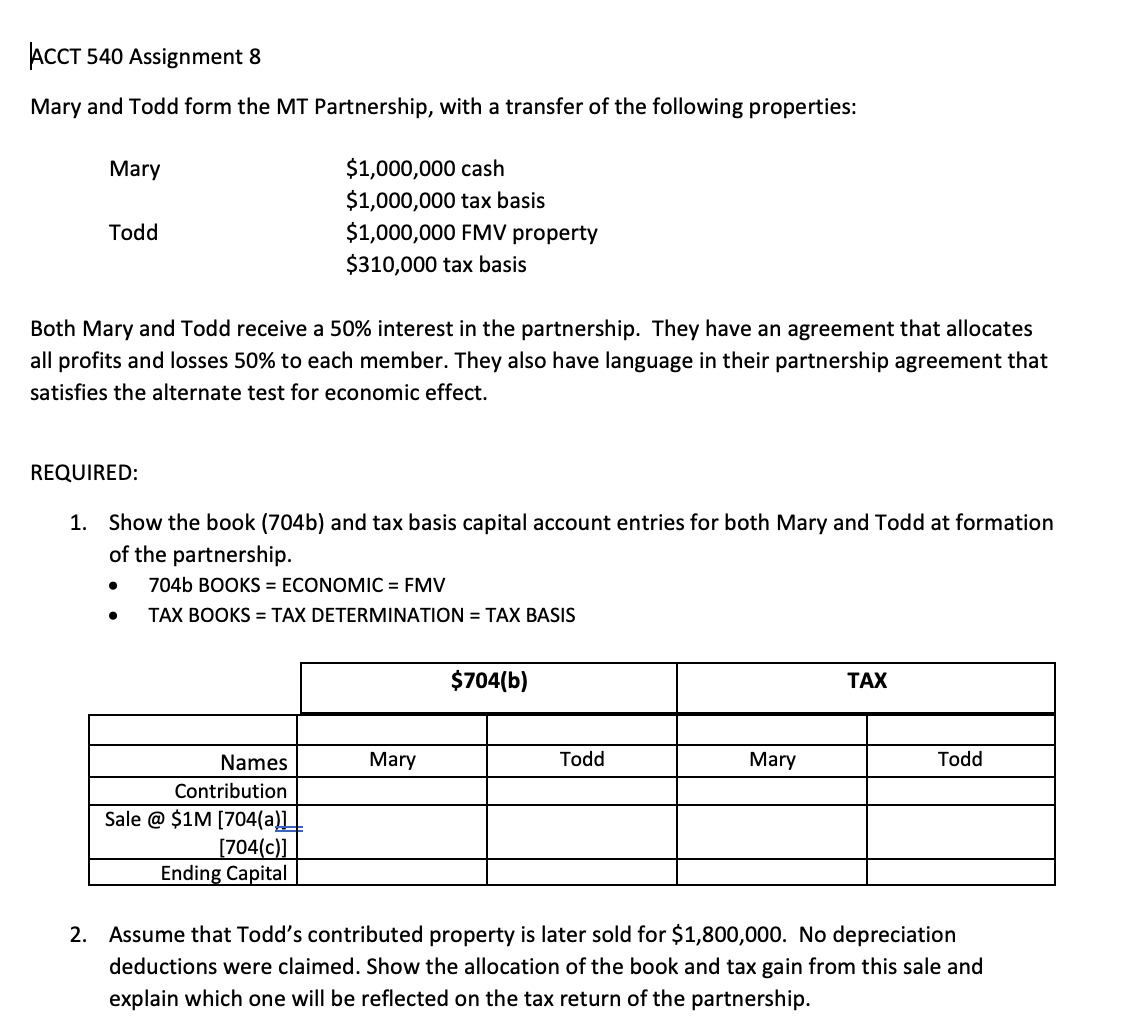 Solved ACCT 540 Assignment 8 Mary and Todd form the MT | Chegg.com