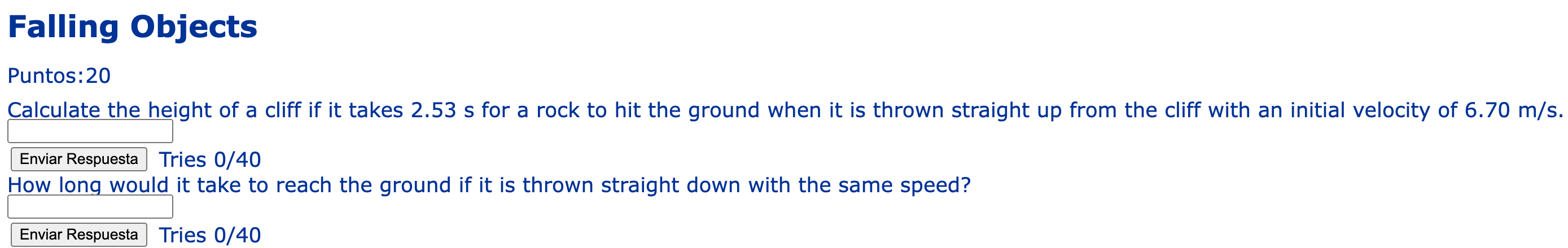 Solved Falling Objects Puntos:20 Calculate the height of a | Chegg.com