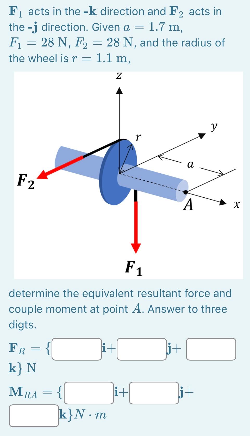 Solved F1 acts in the −k direction and F2 acts in the −j | Chegg.com