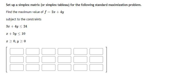 Solved Set up a simplex matrix (or simplex tableau) for the | Chegg.com