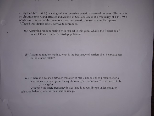 Solved 2. Cystic fibrosis (CF) is a single-locus recessive | Chegg.com