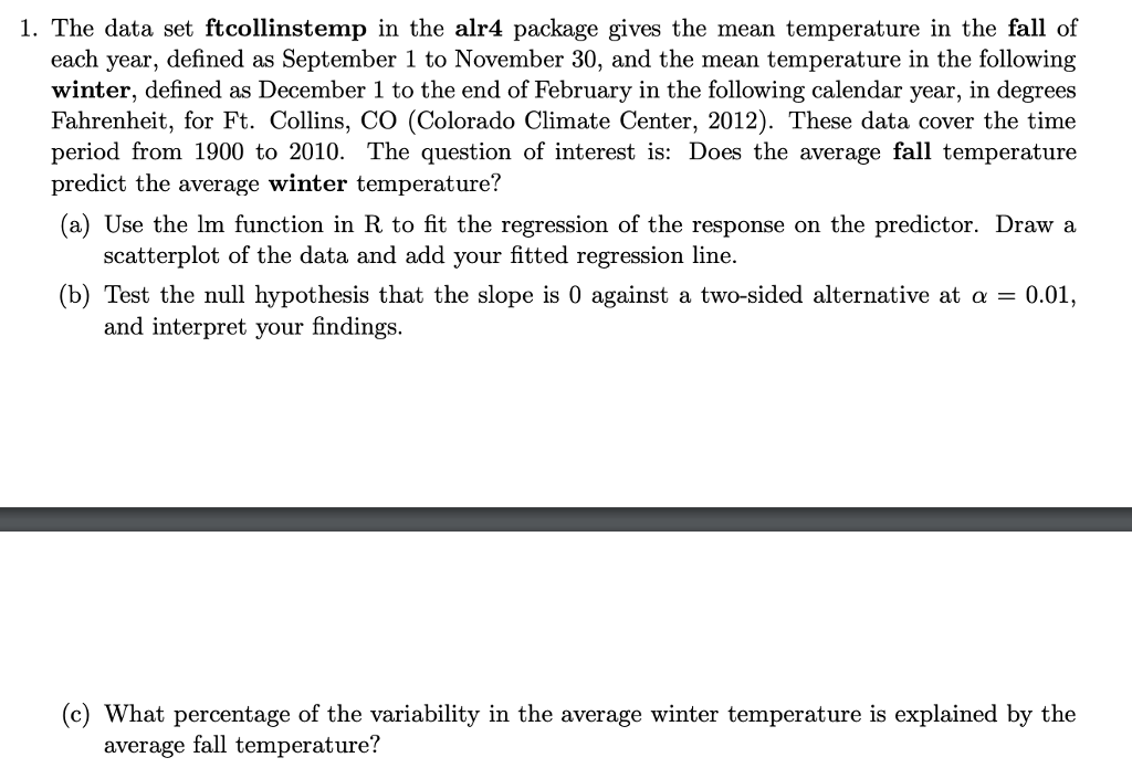 Solved 1. The data set ftcollinstemp in the alr4 package | Chegg.com