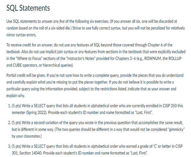 SQL Statements Use SQL statements to answer any five | Chegg.com