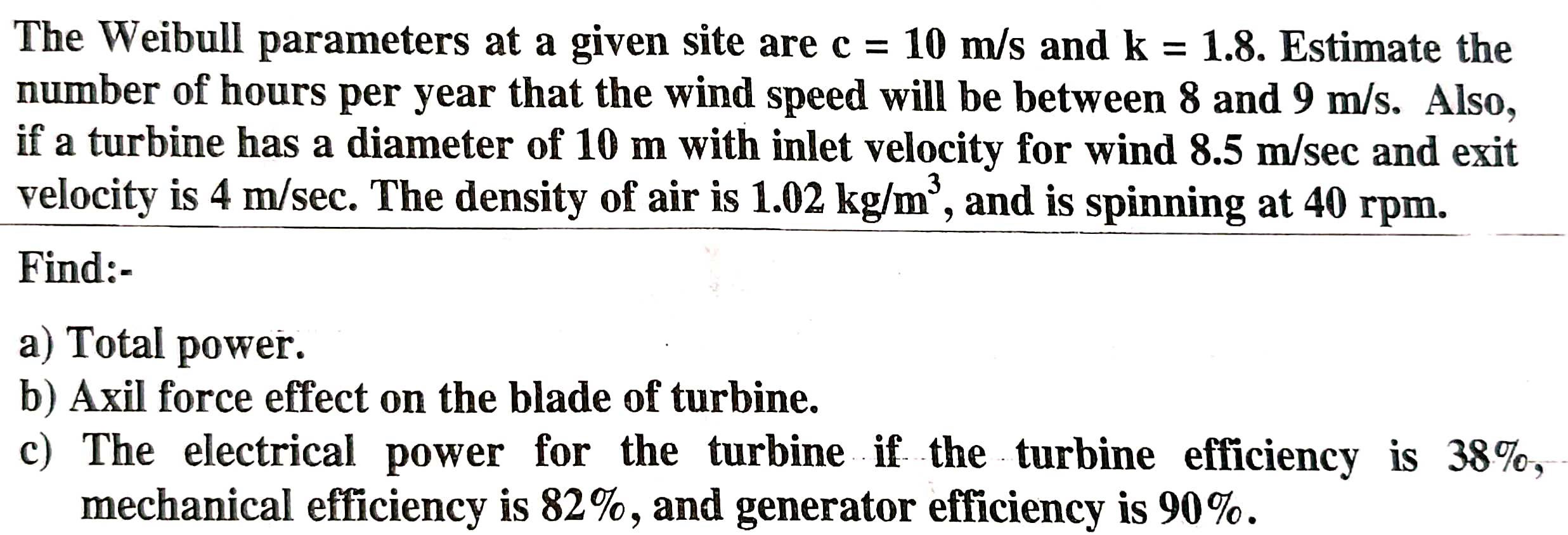Solved The Weibull parameters at a given site are c=10 m/s | Chegg.com