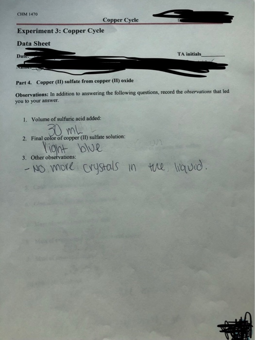 Department of Chemistry Copper Cycle Experiment 3: | Chegg.com