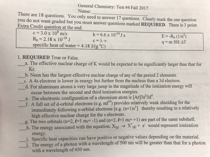 Solved General Chemistry: Test #4 Fall 2017 Name: There are | Chegg.com