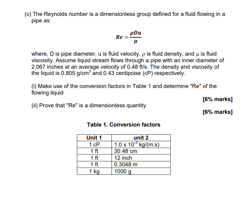 Solved (c) The Reynolds number is a dimensionless group | Chegg.com