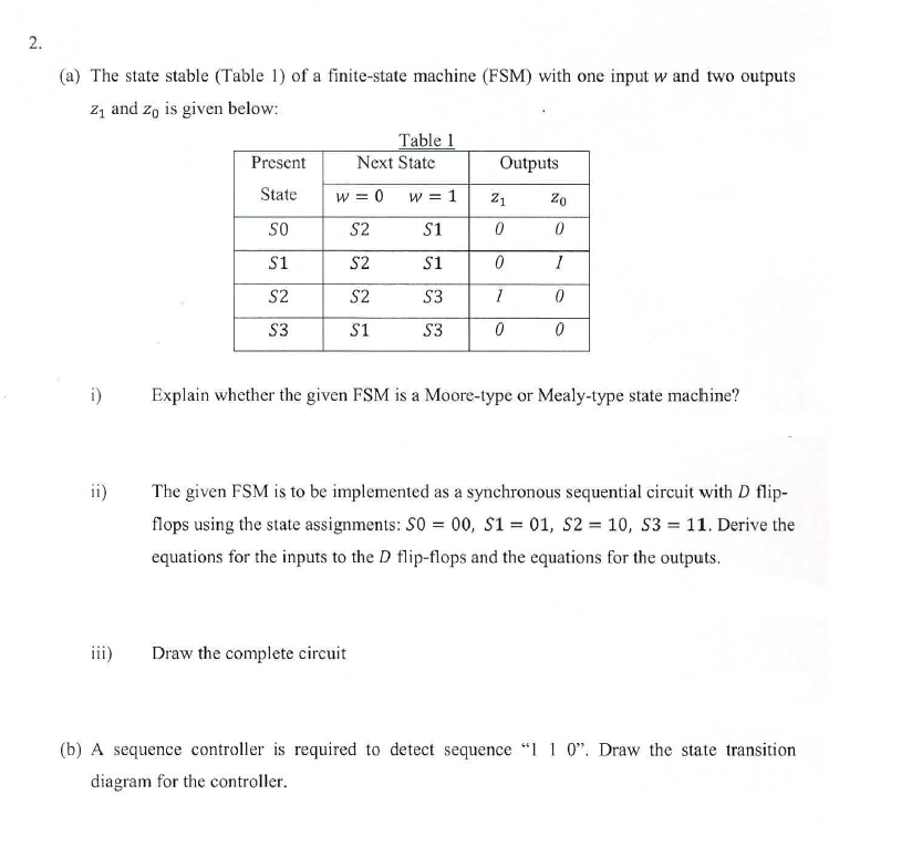 Solved (a) The state stable (Table 1) of a finite-state | Chegg.com