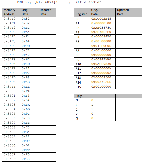 Solved STRH R2, [R1, ﻿#0xA]! ﻿; little-endian | Chegg.com
