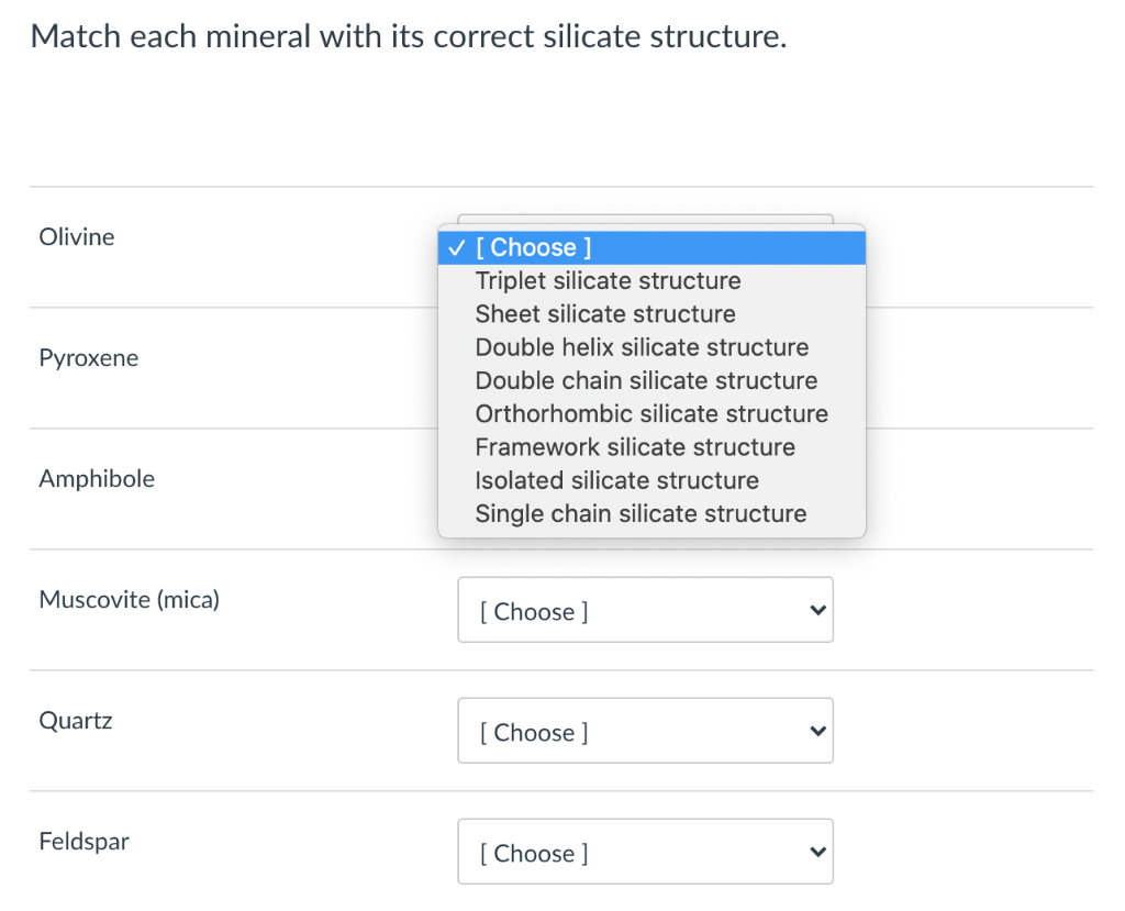 Solved Match each mineral with its correct silicate | Chegg.com