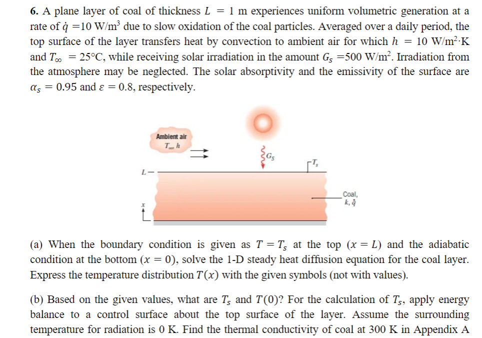 Solved 6. A plane layer of coal of thickness L=1 m | Chegg.com